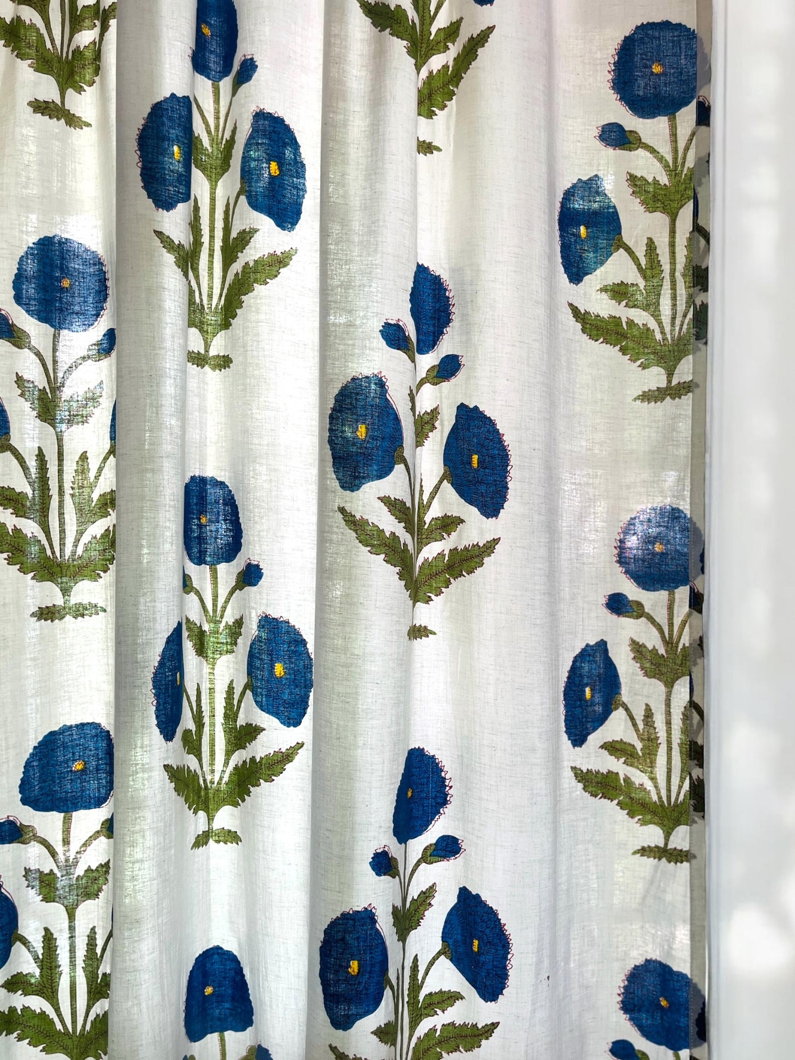 Handmade Cotton Block Print Curtain Blue Himalayan Poppy Flower Elegant ...