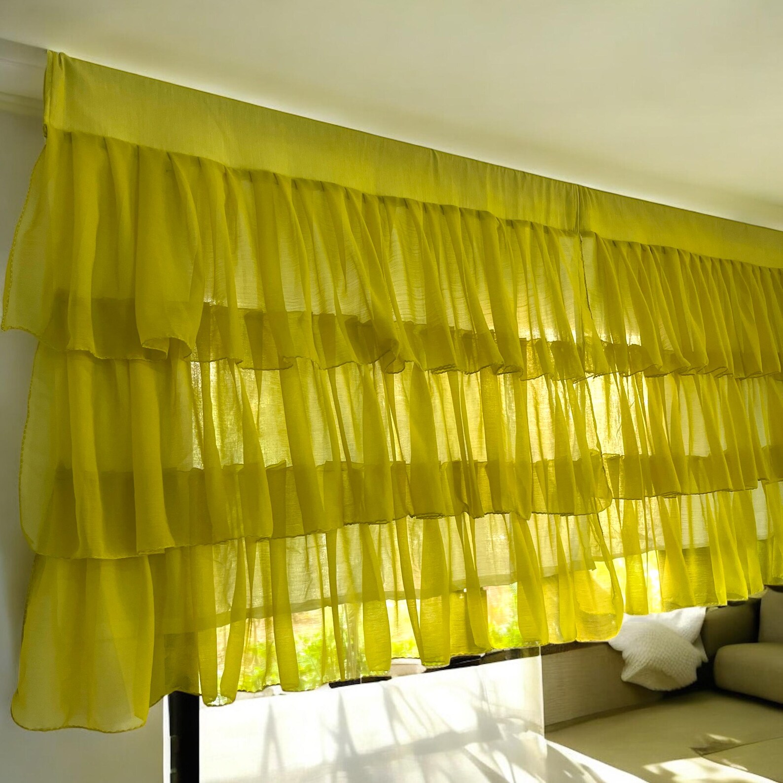 Chartreuse Green Semi Sheer Ruffle Curtain Shabby Chic Breezy Window ...