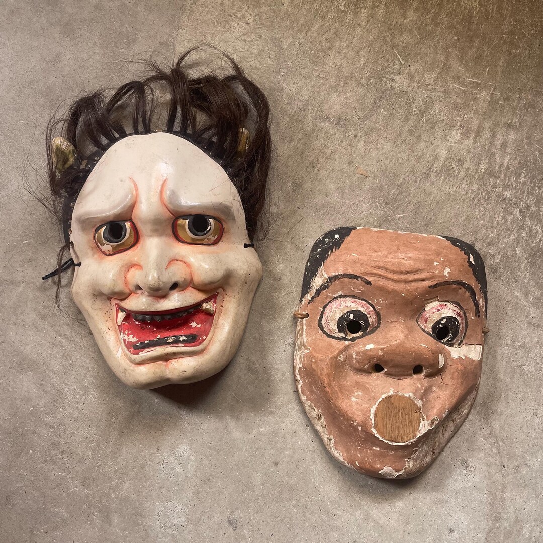 Japanese Wood Carving Masks hyottoko and Oni - Etsy