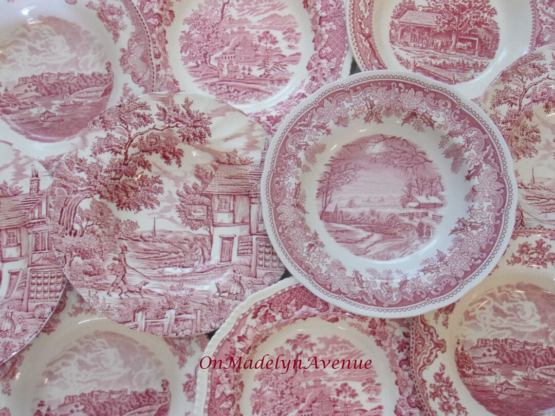 Mismatched Red and White Transferware, Formal Rimmed Soup Bowls, Sets ...