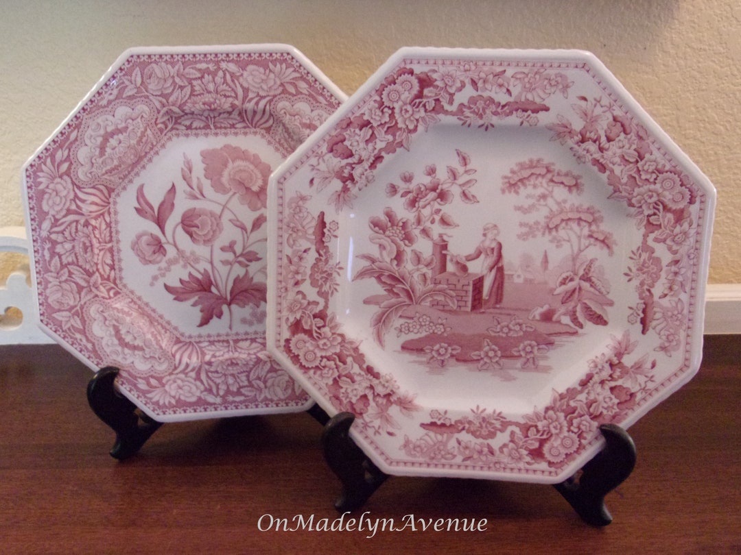 Spode, Cranberry Transferware, Octagonal Décor Plates, Girl at Well and ...