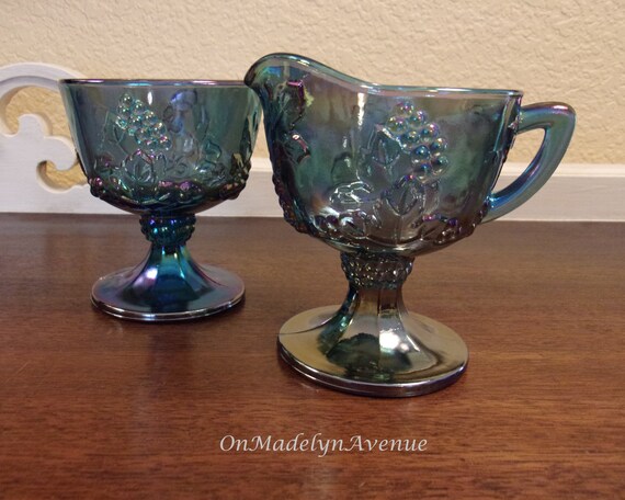 Indiana Glass Iridescent Blue Carnival Glass Open Sugar and | Etsy