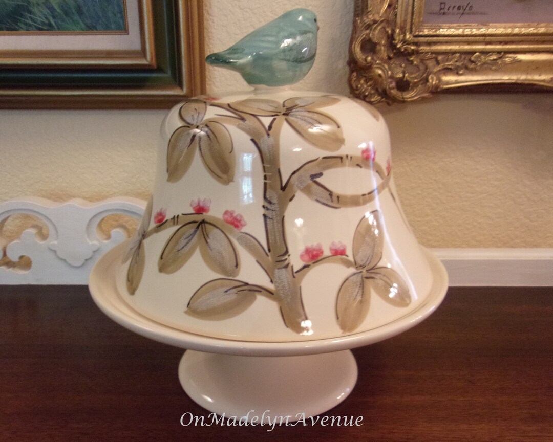 Ceramic Cake/torte/cheese Stand With Hand Painted Cloche and Blue Bird ...