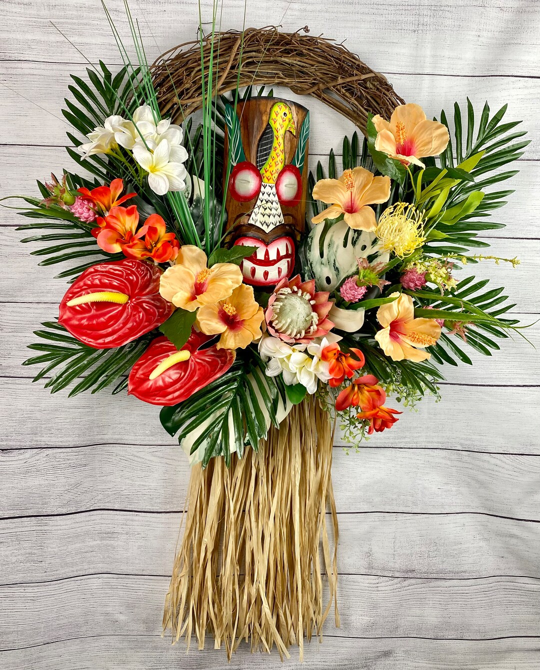 Tropical Tiki Wreath, Tropical Grapevine Wreath, Hawaiian Wreath ...