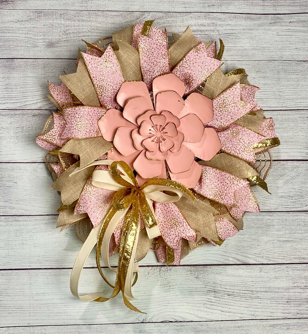 Retro Pink Deco Mesh Pancake Wreath With Metal Flower Center, Wreath ...