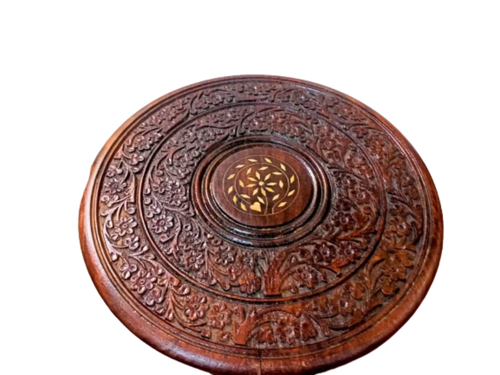 Vintage Carved Teak Coffee Table, Round Side Table, Moroccan Style ...