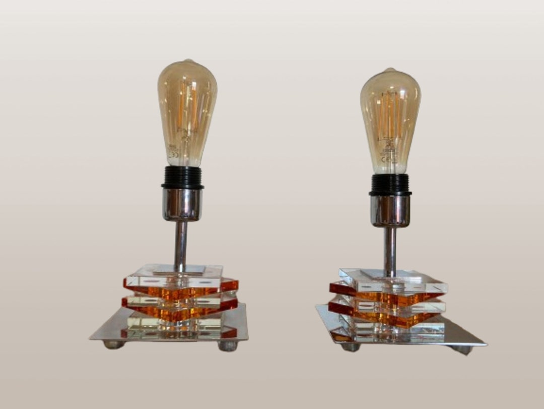 Vintage Bedside Table Lam. Chromed Brass and Lead Crystal Cubes. Retro ...