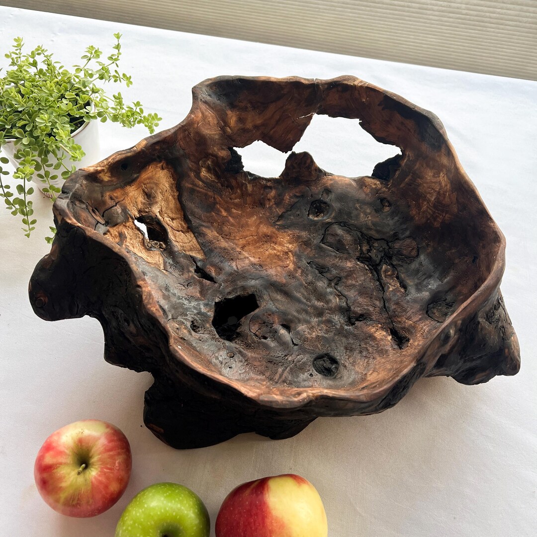 Very Rustic Black Walnut Bowl, 16" X 14" X 5", Textured & Matte Fruit Bowl, Primitive, Decayed ...