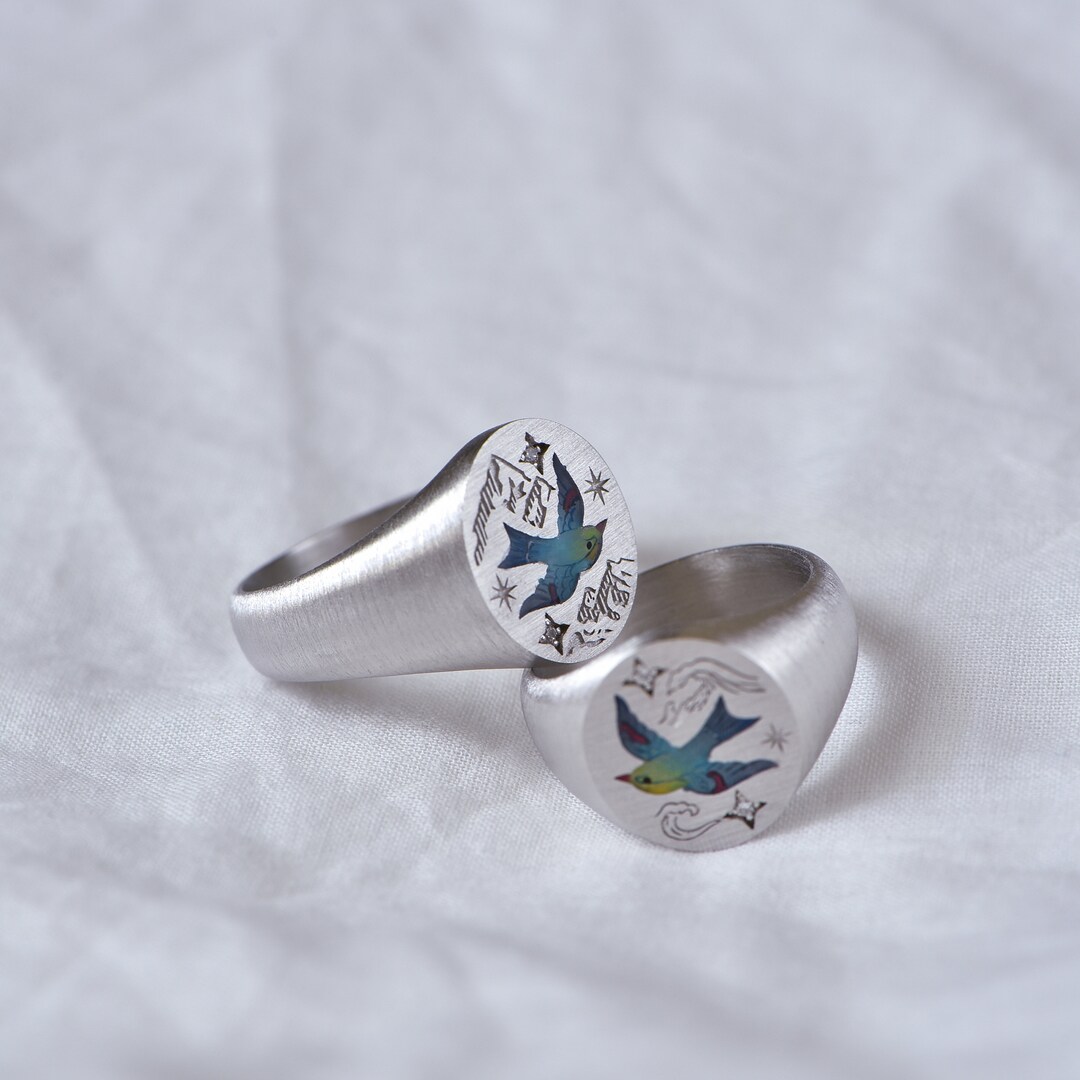 Custom Pet Memorial Ring, Sterling Silver Ring, Bird Enamel Ring, Pet ...