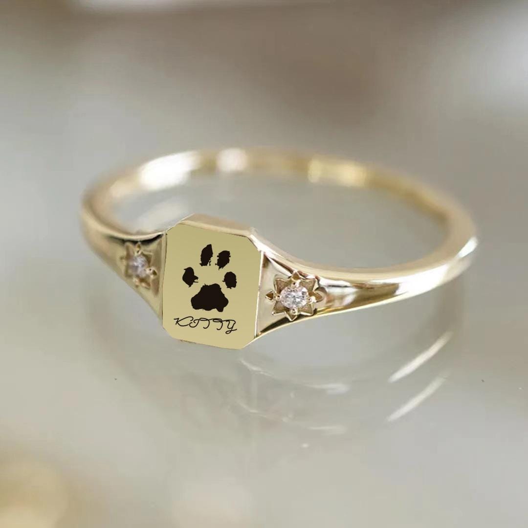 Custom Paw Print Ring, Vintage Birthstone Ring, Pet Memorial Ring, Dog ...