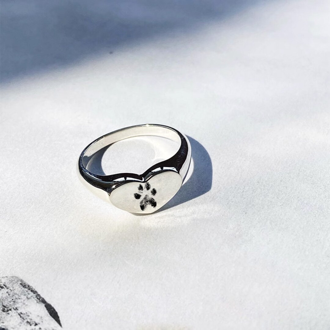 Custom Paw Print Ring, Heart Ring, Dog Paw Memorial Ring, Minimalist ...