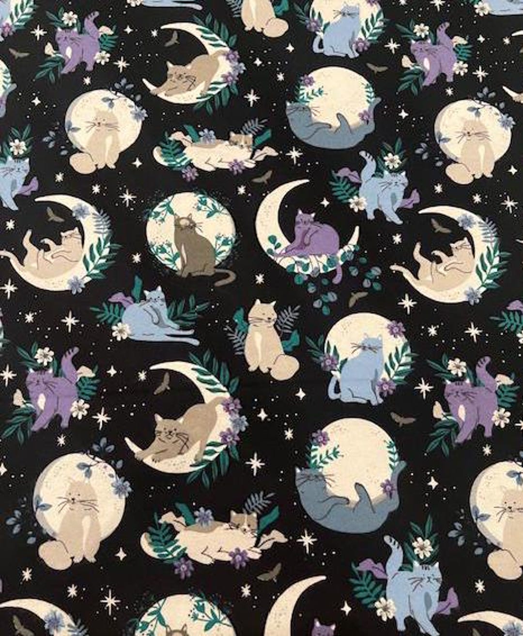 Cats Snuggle Fabric, Beautiful Cute Cats Fabric, Cats on Moon Fabric ...