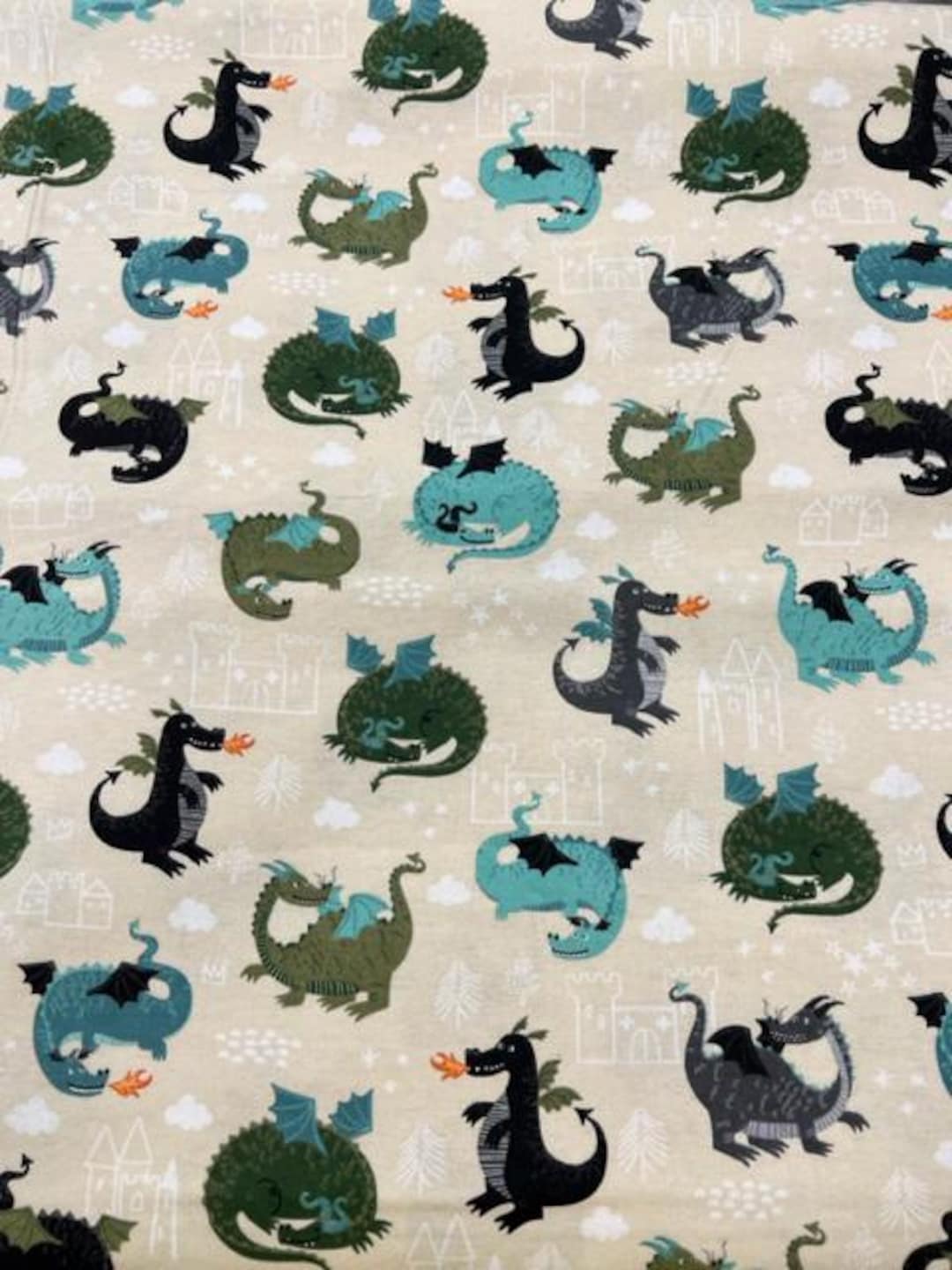 Dragon Fabric, Flannel Fabric, Cute Dragon Flannel Fabric, 100% Flannel ...