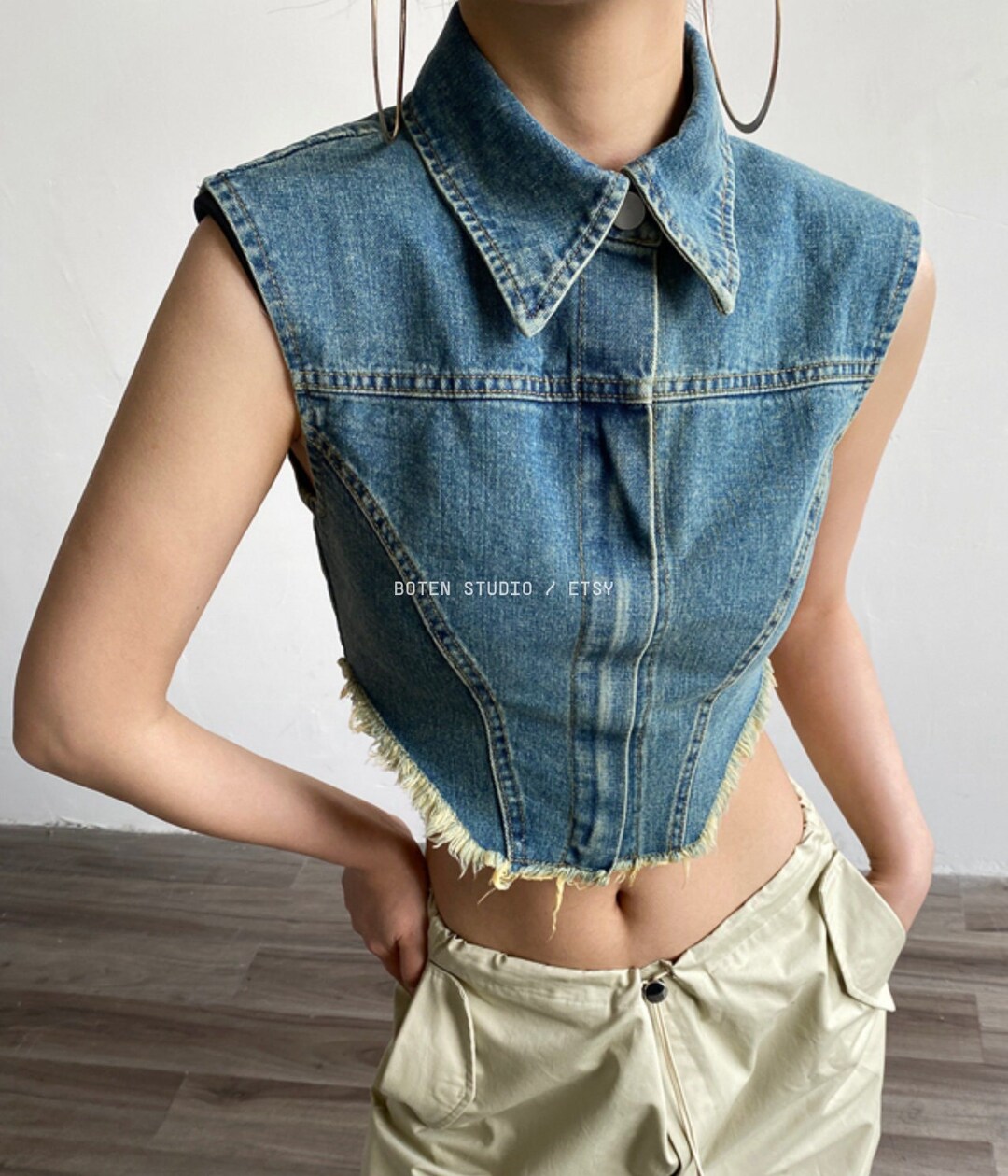 Denim Vest With Fringes Zipped Denim Vest With Shoulder Pads - Etsy