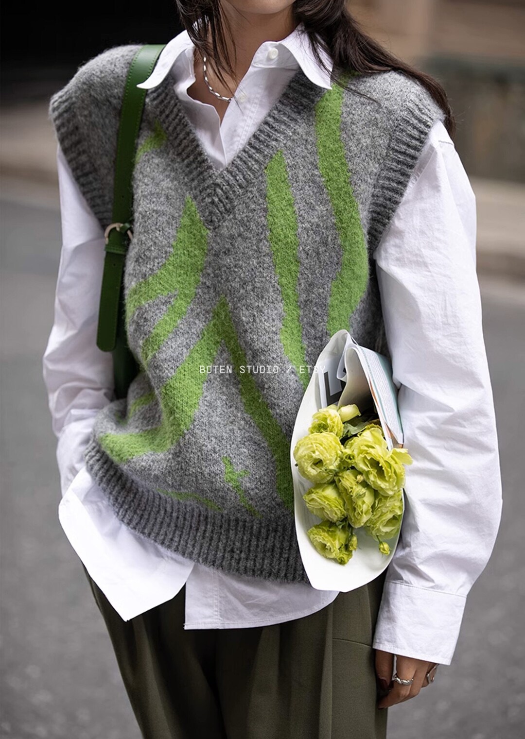 Gray Sweater Vest With Green Pattern Gray Sweater With - Etsy