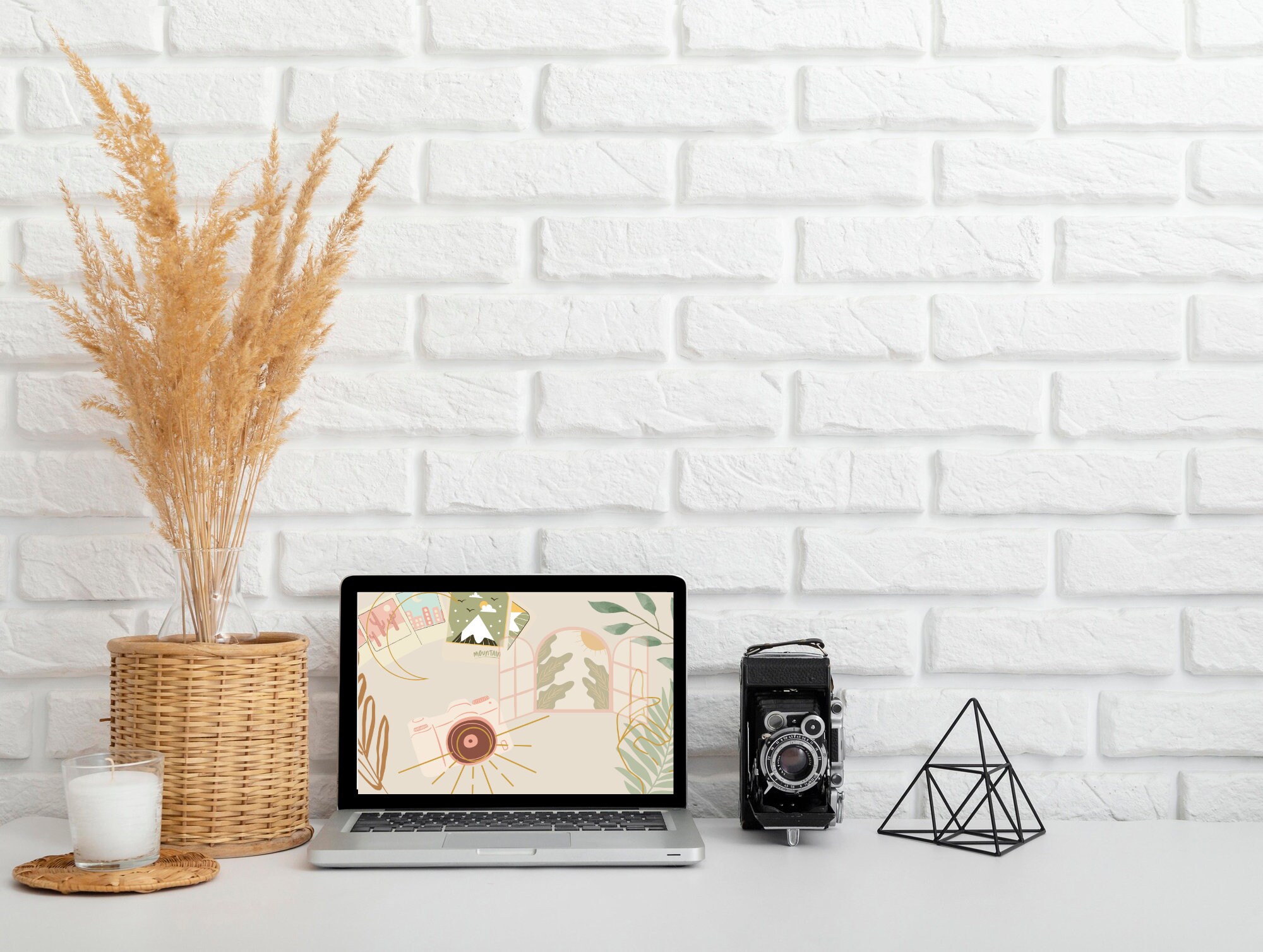 Boho Desktop Home Screen Wallpaper, Plants, Gold Accents, Aesthetic - Etsy
