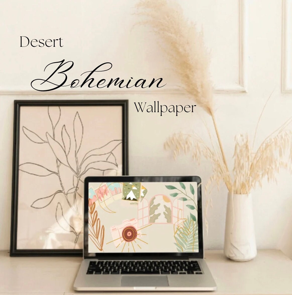 Boho Desktop Home Screen Wallpaper, Plants, Gold Accents, Aesthetic - Etsy
