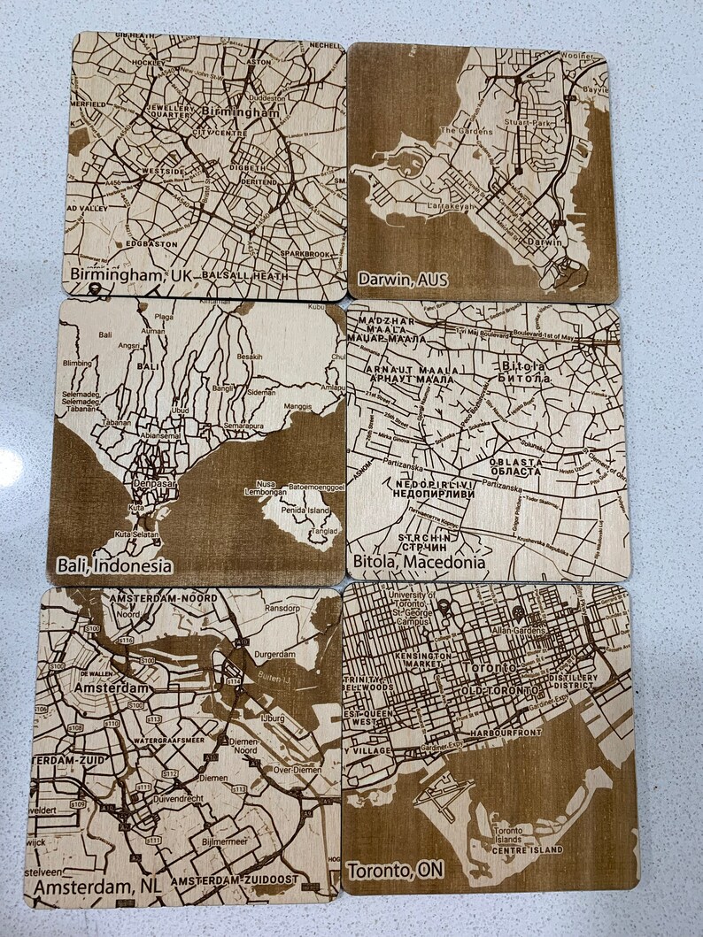 Set of 4/6 City Map Coasters. 4 Inch Square Wood, Custom City Map of ...