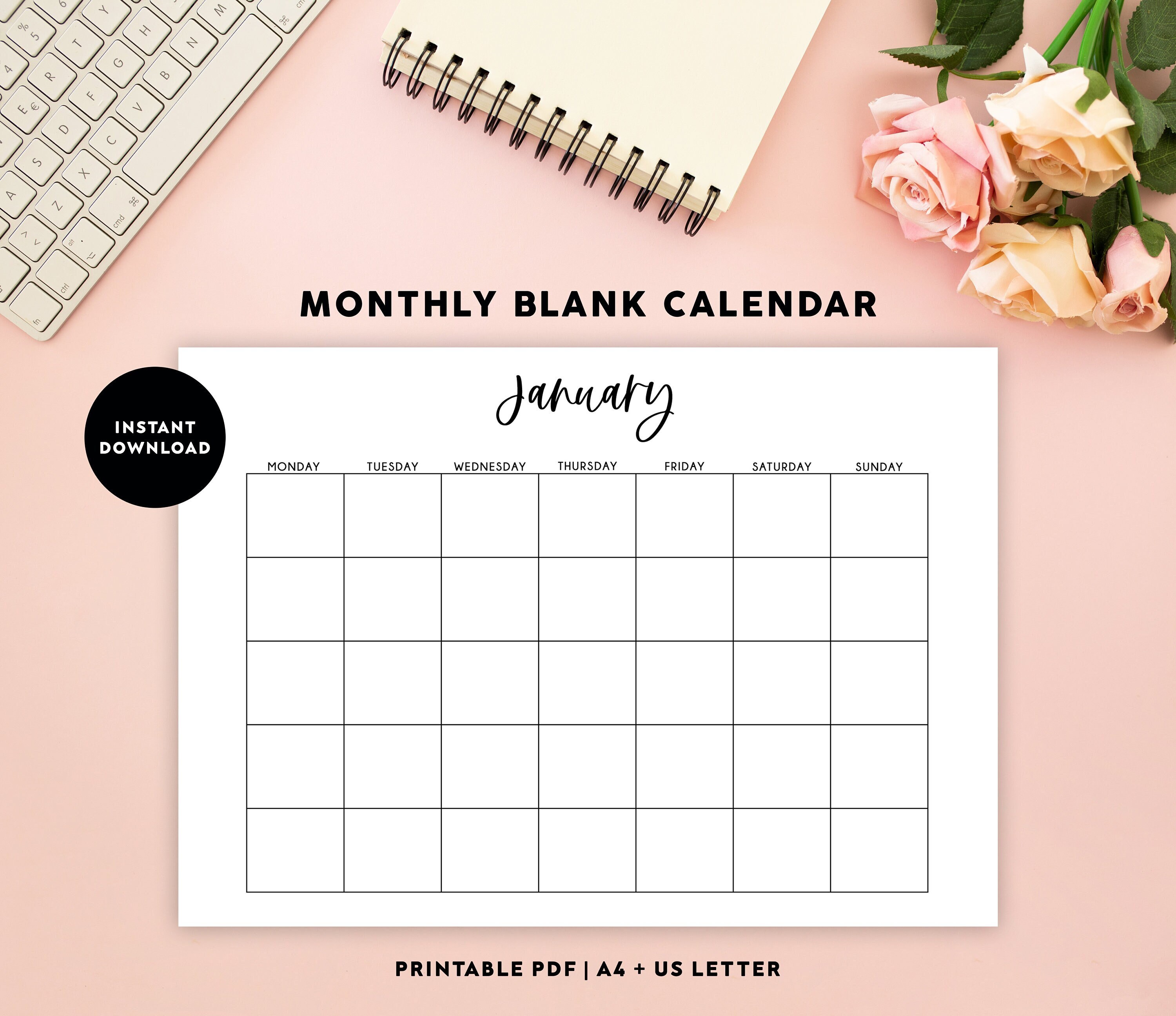 Blank Monthly Calendar Planner Instant Download - Undated Monthly ...