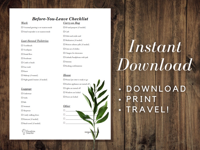 Vacation Checklist PDF | Before You Leave Printable | Travel Prep List ...