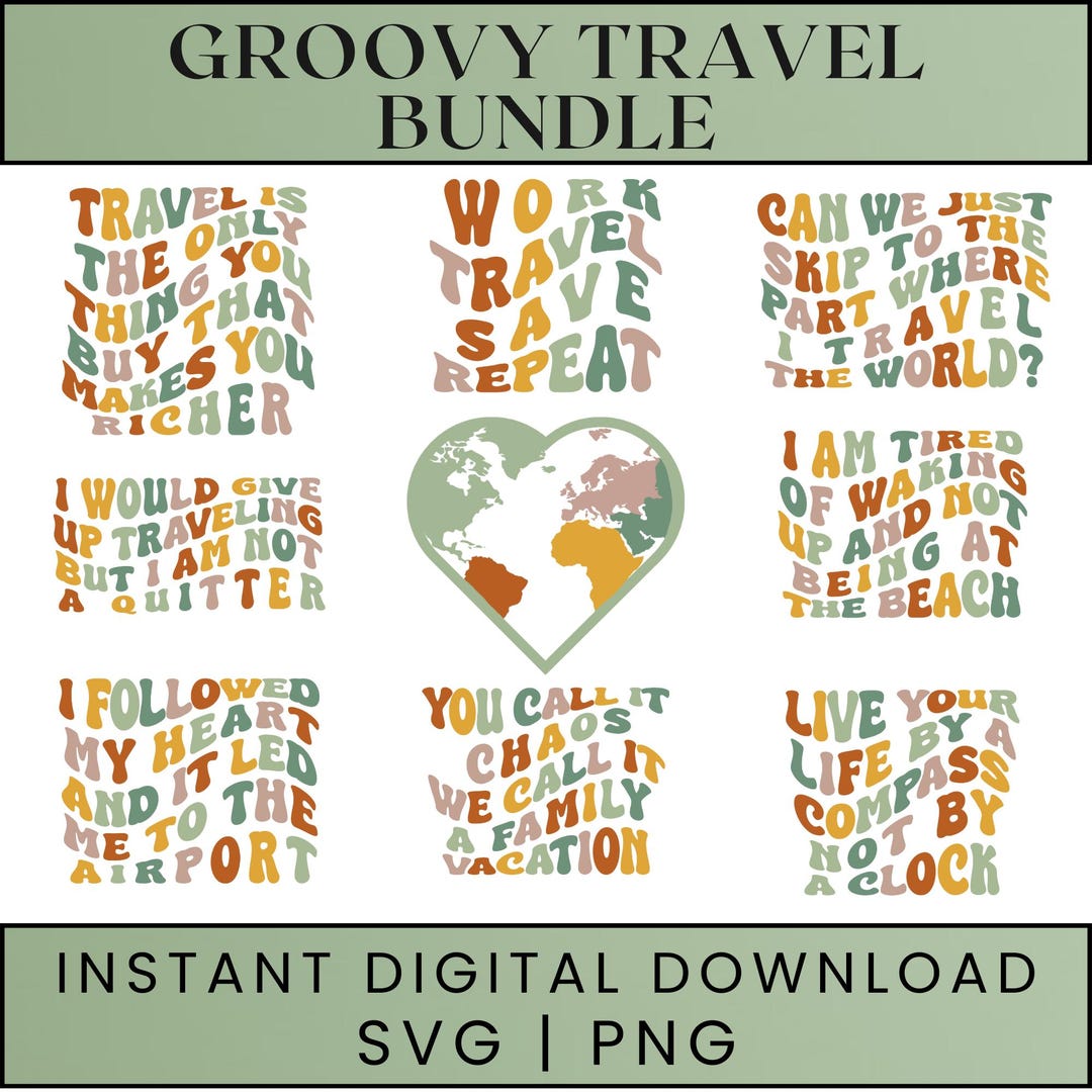 Groovy Travel Quotes SVG PNG Bundle | Retro Vacation Designs (digital ...