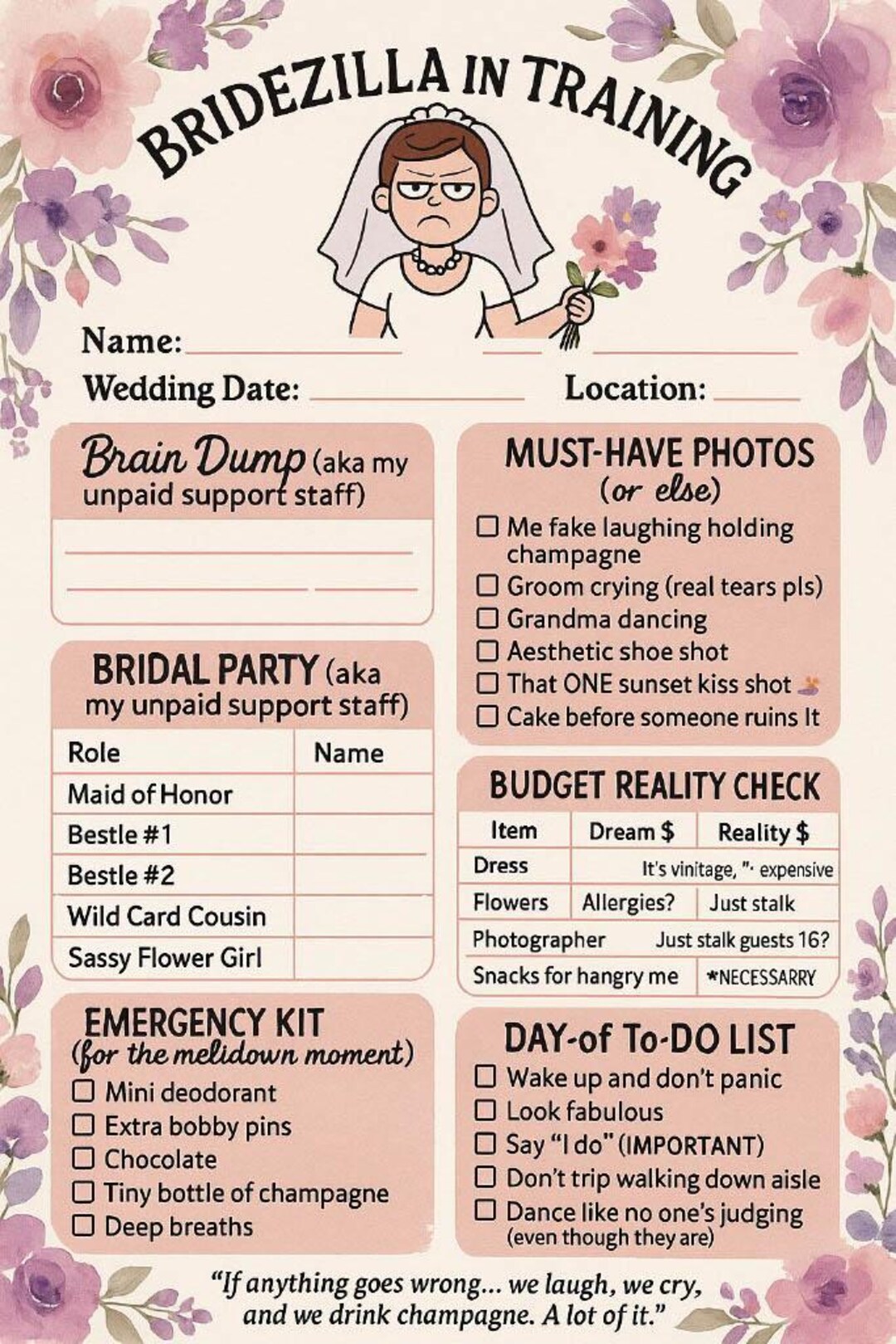 Funny Bride Planner One Page PDF – Hilarious Wedding Planning Sheet ...