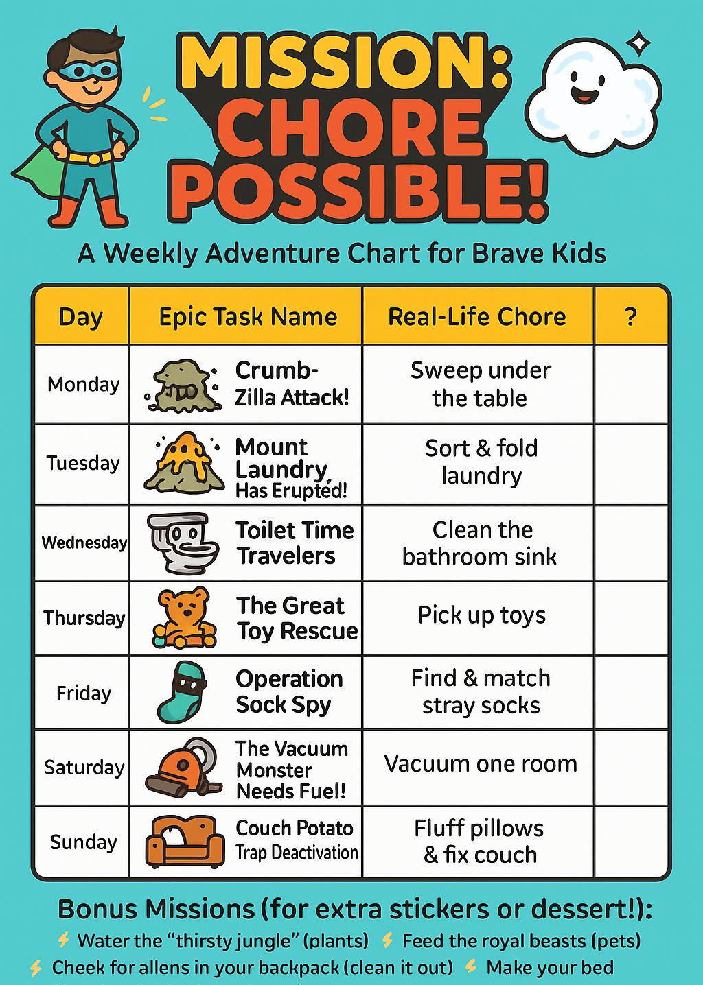 Funny Kids Chore Chart: Superhero Theme, Printable Reward System (PDF ...