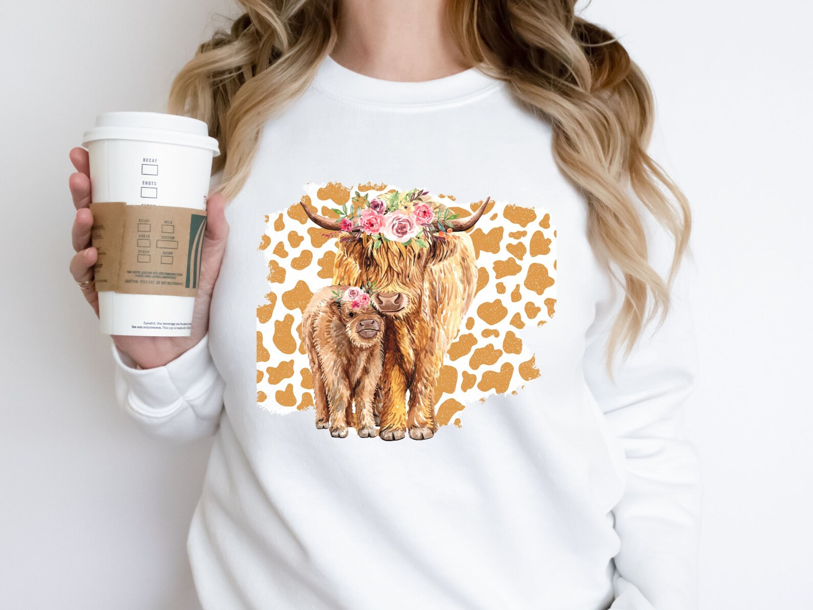 Highland Cow and Calf Pink Floral PNG With Gold Cowprint Background ...