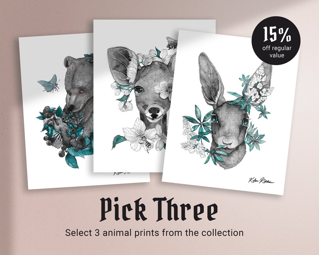 Set of 3 Cute Animal Art Prints, Bat, Bear, Deer, Rabbit Paintings - Etsy