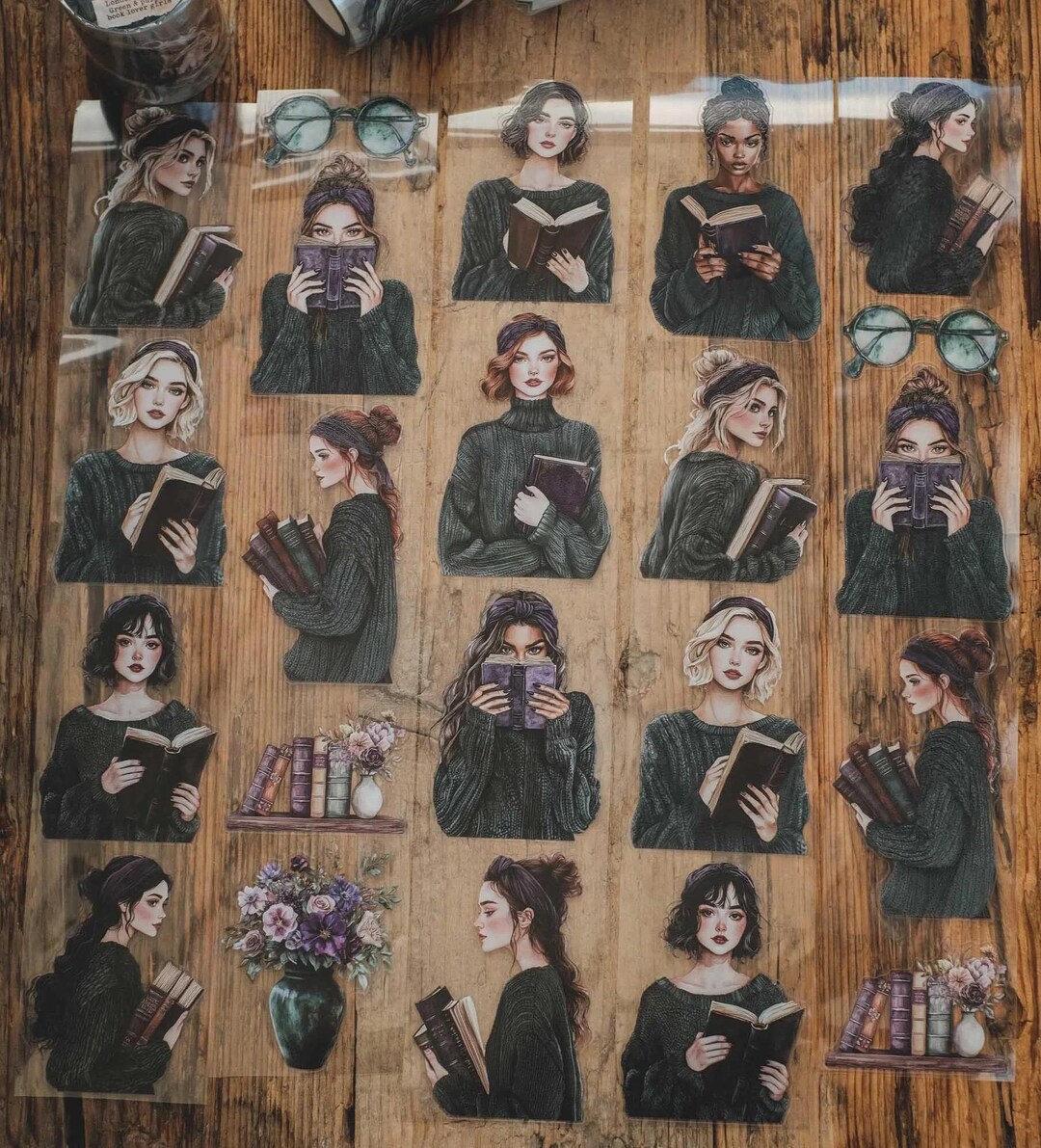 LG Green & Purple Book Lover Girls | 1 Loop Sample or Roll Kiss-cut PET ...
