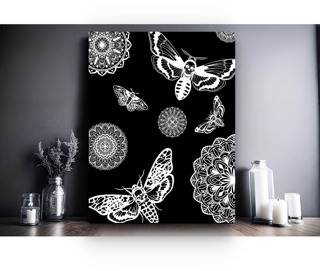 Death Moth Mandala Print, Gothic Decor, Halloween Decor, Black Canvas ...