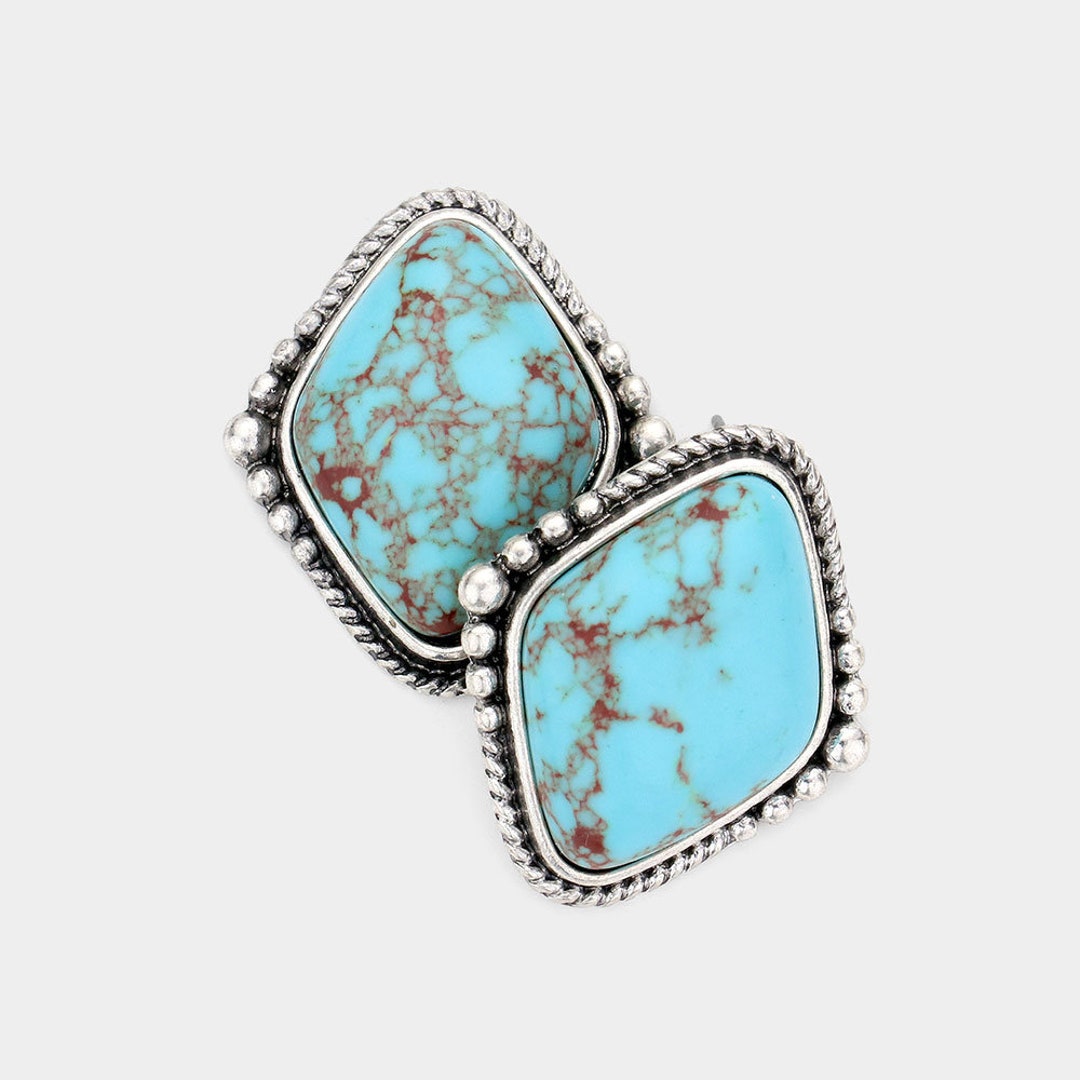 Turquoise Rhombus Stud Earrings, Antique Metal, Western Jewelry - Etsy