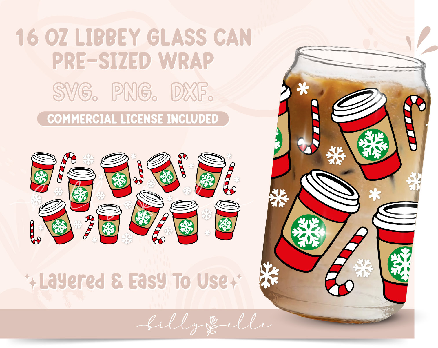 Christmas Coffe Cup 16oz Libbey Glass Can Wrap - Holidays PNG Digital ...
