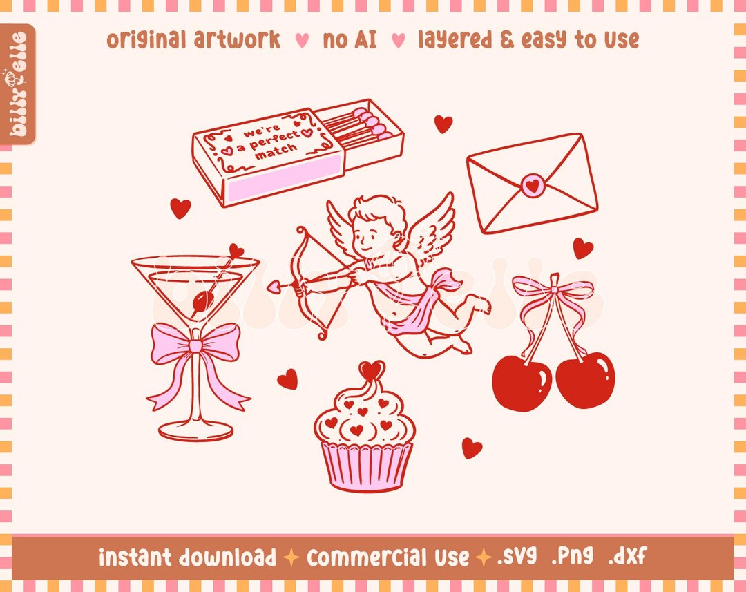 Coquette Valentines Day PNG - Doodle Love Sticker Bundle - Layered ...