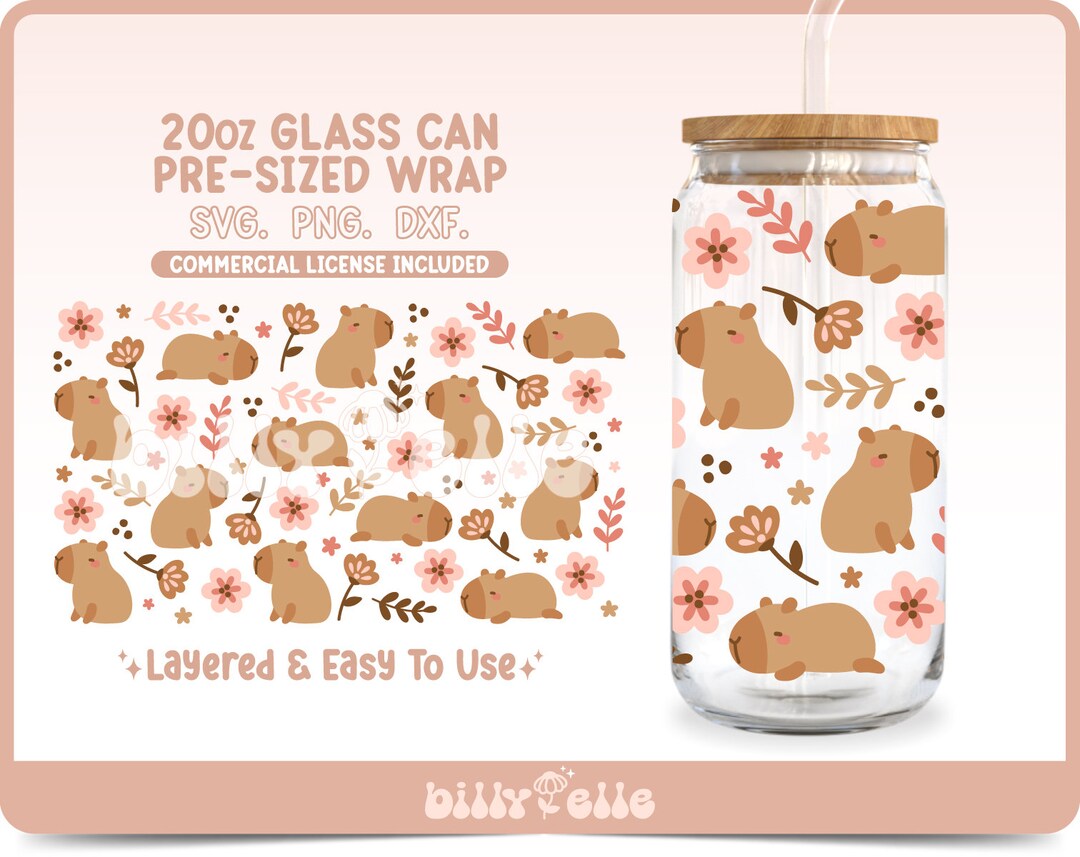 Floral Capybara 20oz Libbey Glass Can Wrap - Girly Pattern Flowers ...