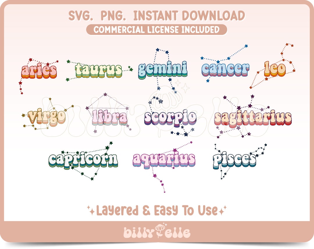 Groovy Zodiac Bundle Constellation SVG - Retro Zodiac Signs PNG ...