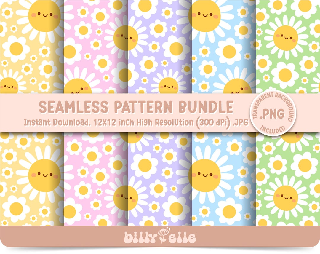 Happy Daisies Seamless Pattern Bundle - Cute Smiling Flowers Pattern ...