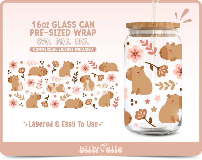 Floral Capybara 16oz Libbey Glass Can Wrap - Girly Pattern Flowers ...