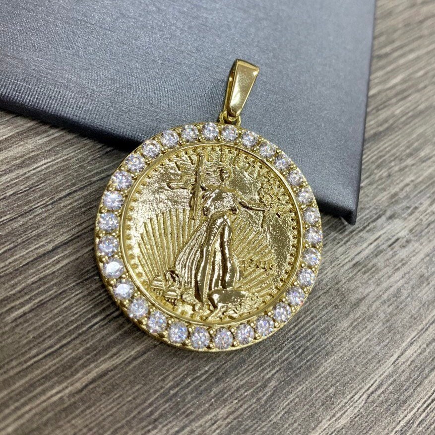 18k Gold Filled Lady Liberty Coin Pendant Surrounded by Cubic - Etsy
