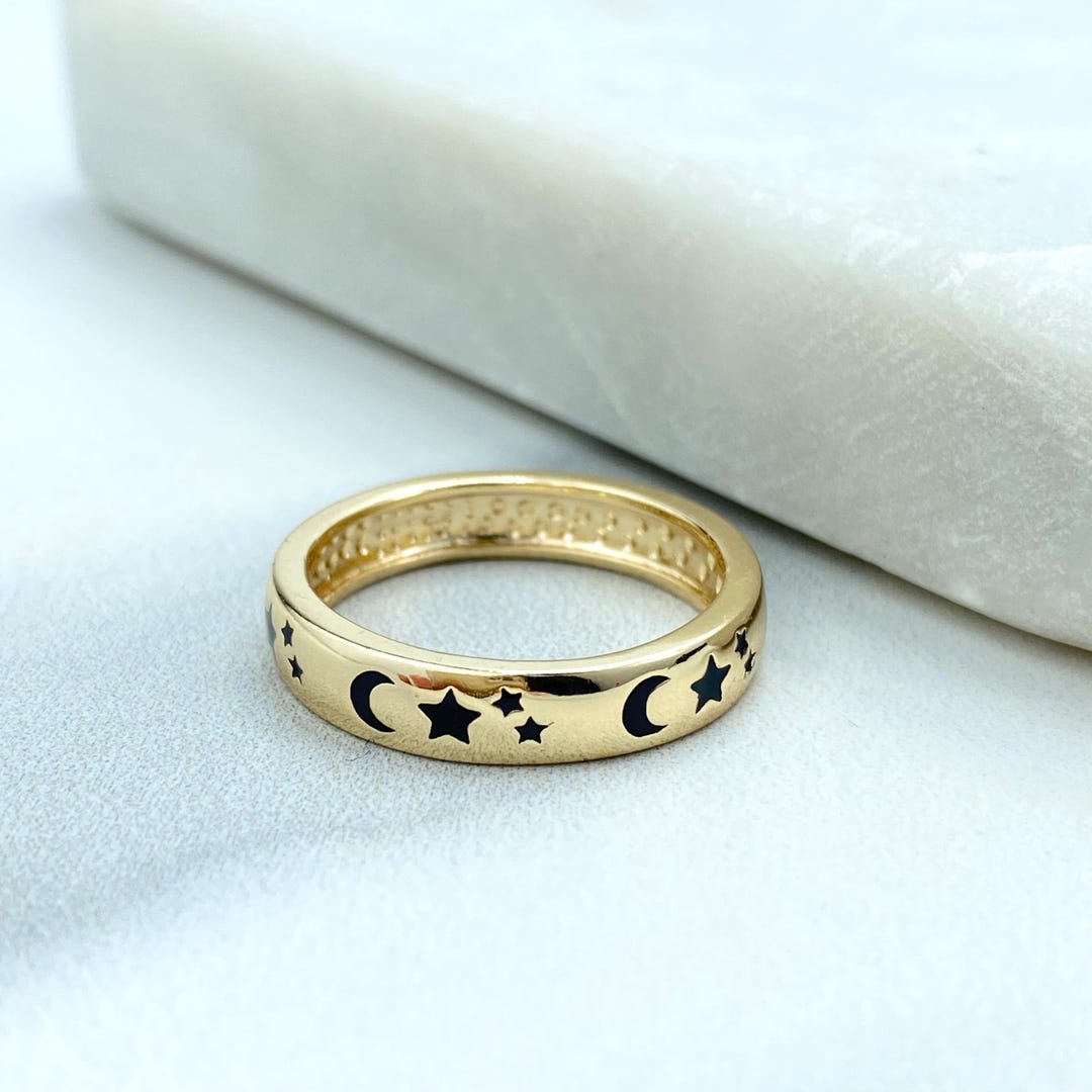 18k Gold Filled Moon and Star Gold Band Ring, Celestial Boho Gold Ring ...