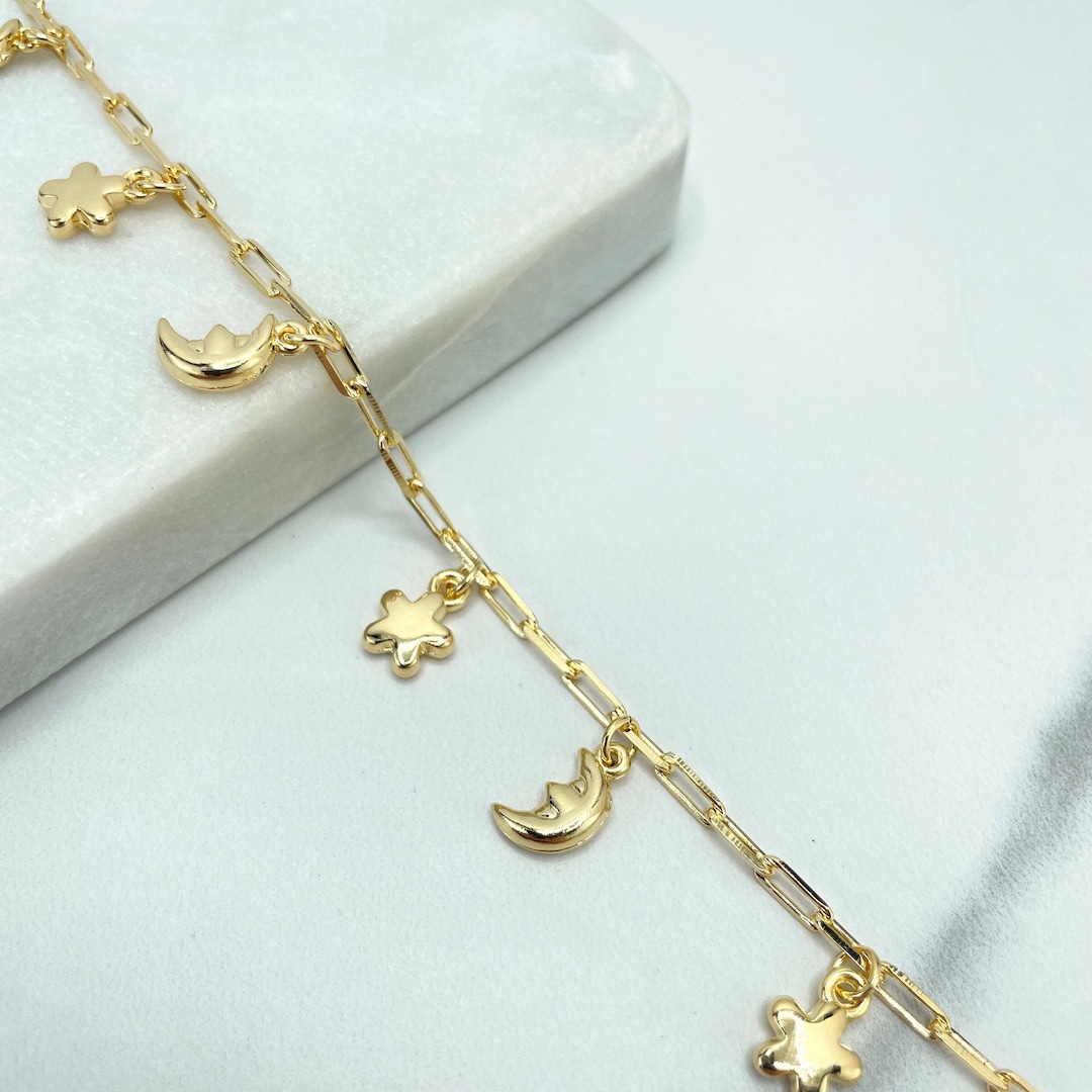 18k Gold Filled 3mm Paperclip Chain Link With Dangle Puffed Moon & Star ...