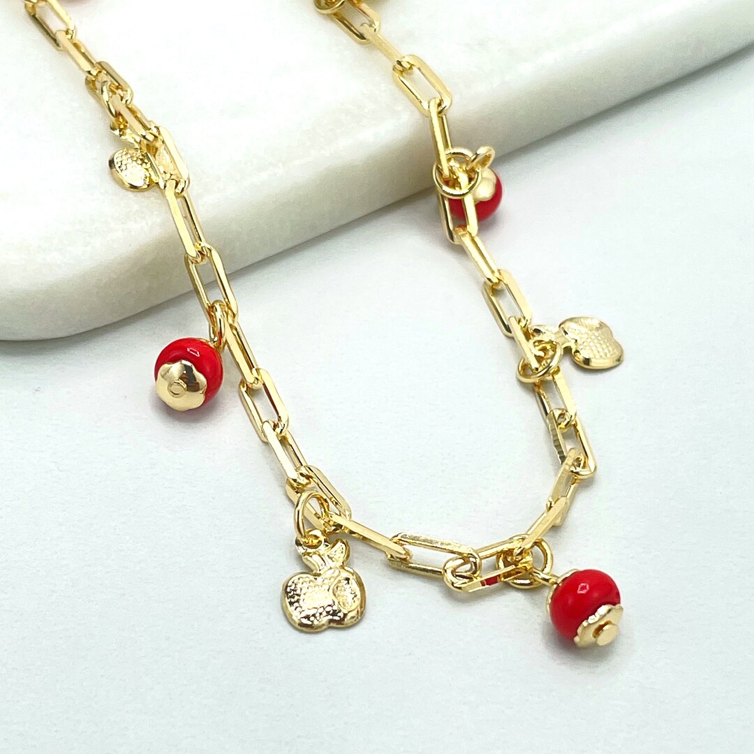 18k Gold Filled 4mm Paperclip Chain With Dangle Red Beads & Gold Apples ...