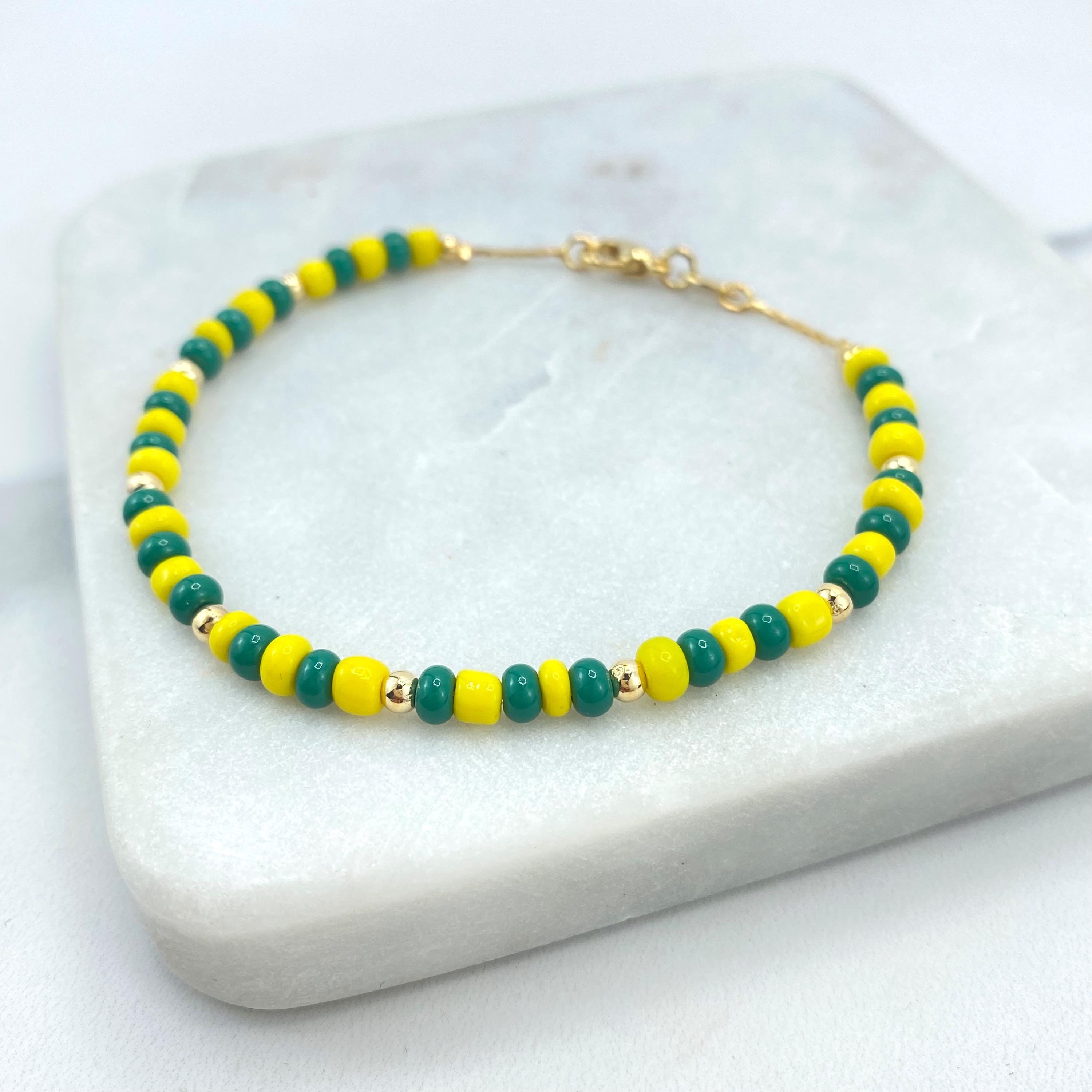 18k Gold Filled Orula Bracelet, Orunmila, Yoruba, Green, Yellow & Gold ...