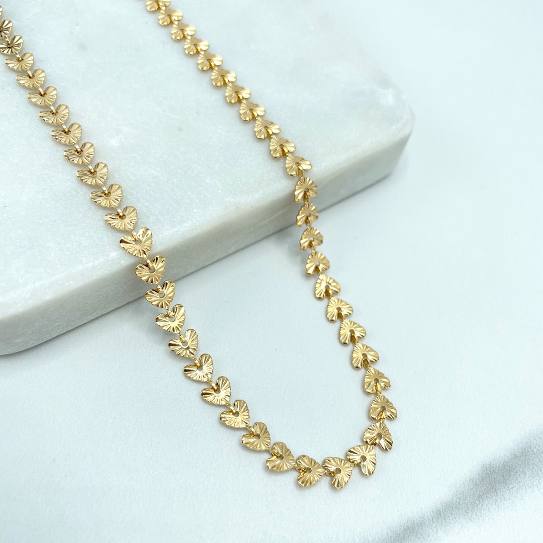 18k Gold Filled Texturized Hearts Linked Chain Choker Necklace With ...