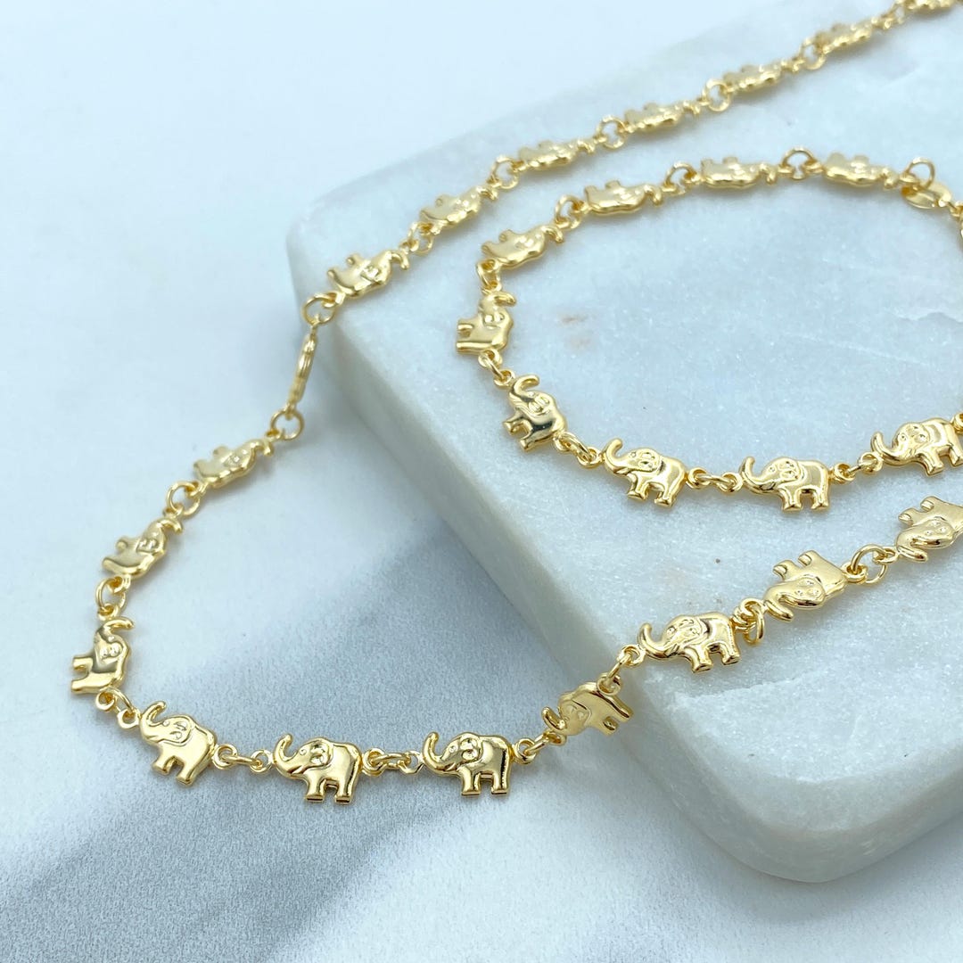 18k Gold Filled 3D Puffed Elephants Linked Chain, Necklace or Bracelet ...
