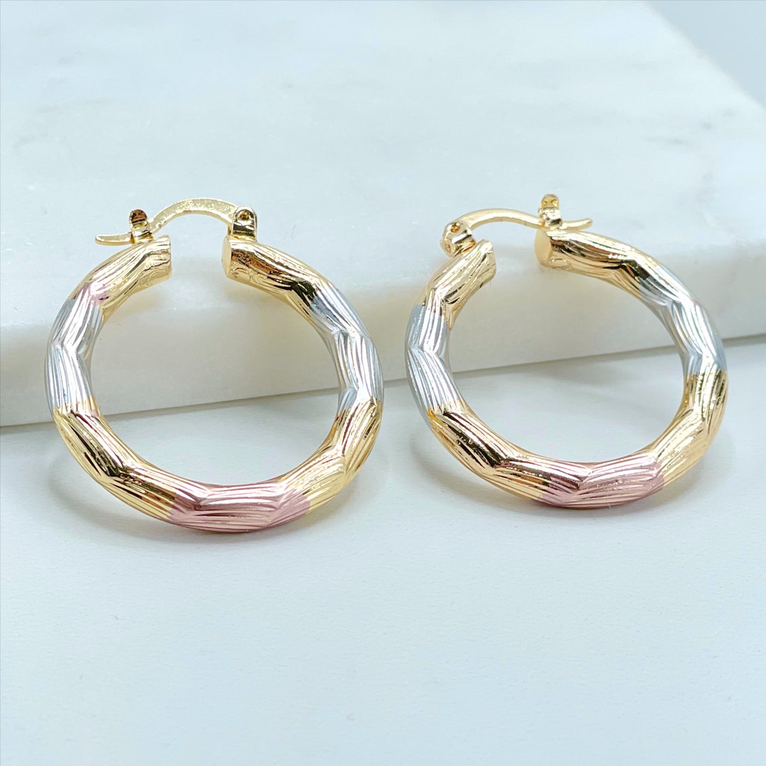 18k Gold Filled Three Tone, Tri Color 30mm Textured Hoop Earrings, 4mm ...