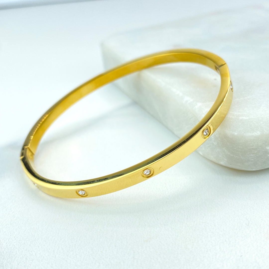 Gold Stainless Steel Bangle Bracelet With Cubic Zirconia, Open Bangle ...