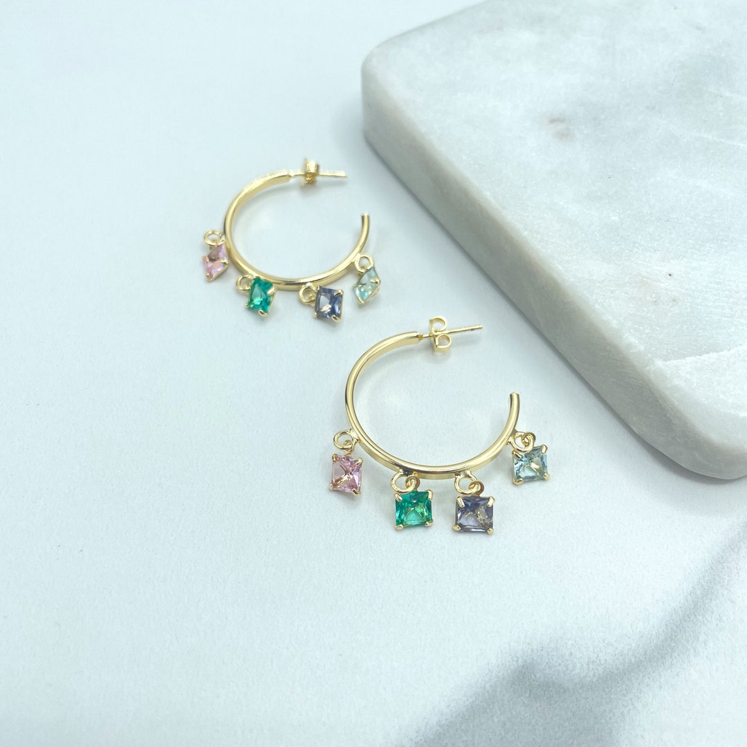 18k Gold Filled C-hoop With Dangle Multicolor Cubic Zirconia, Pink ...