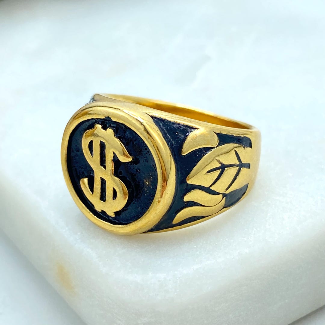 Stainless Steel Dollar Sign Ring, Gold & Black Enamel Ring, Statement ...