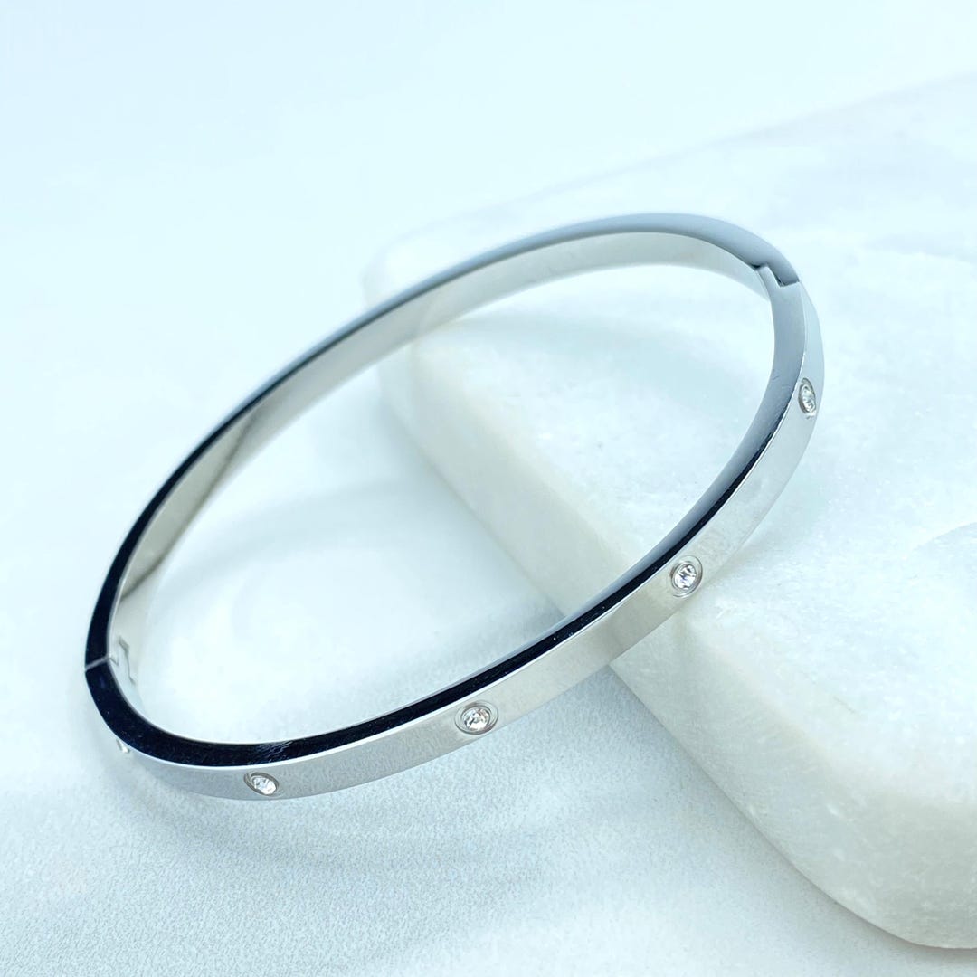Silver Stainless Steel Bangle Bracelet With Cubic Zirconia, Open Bangle ...